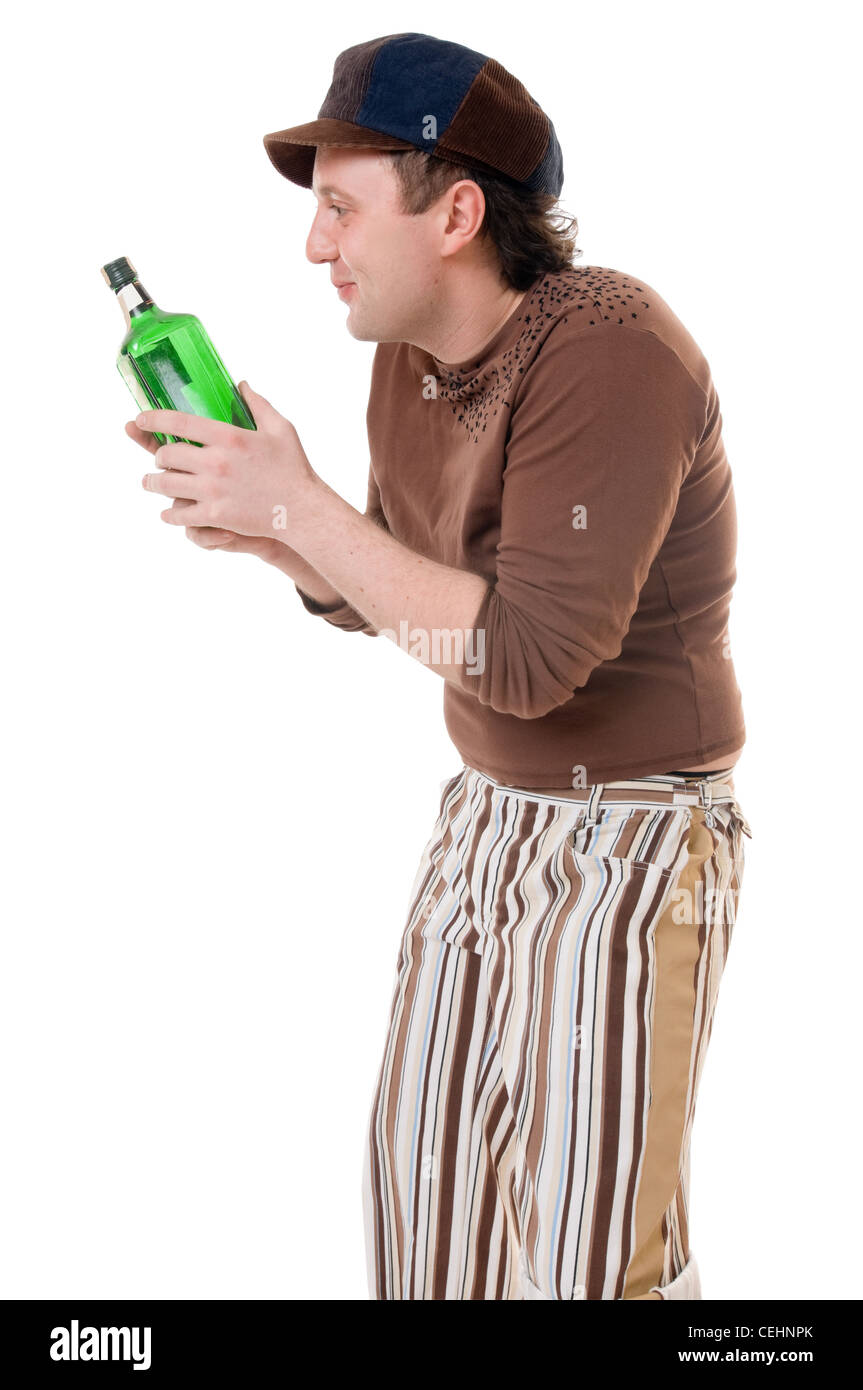 Cool young man with bottle isolated on white background Stock Photo - Alamy