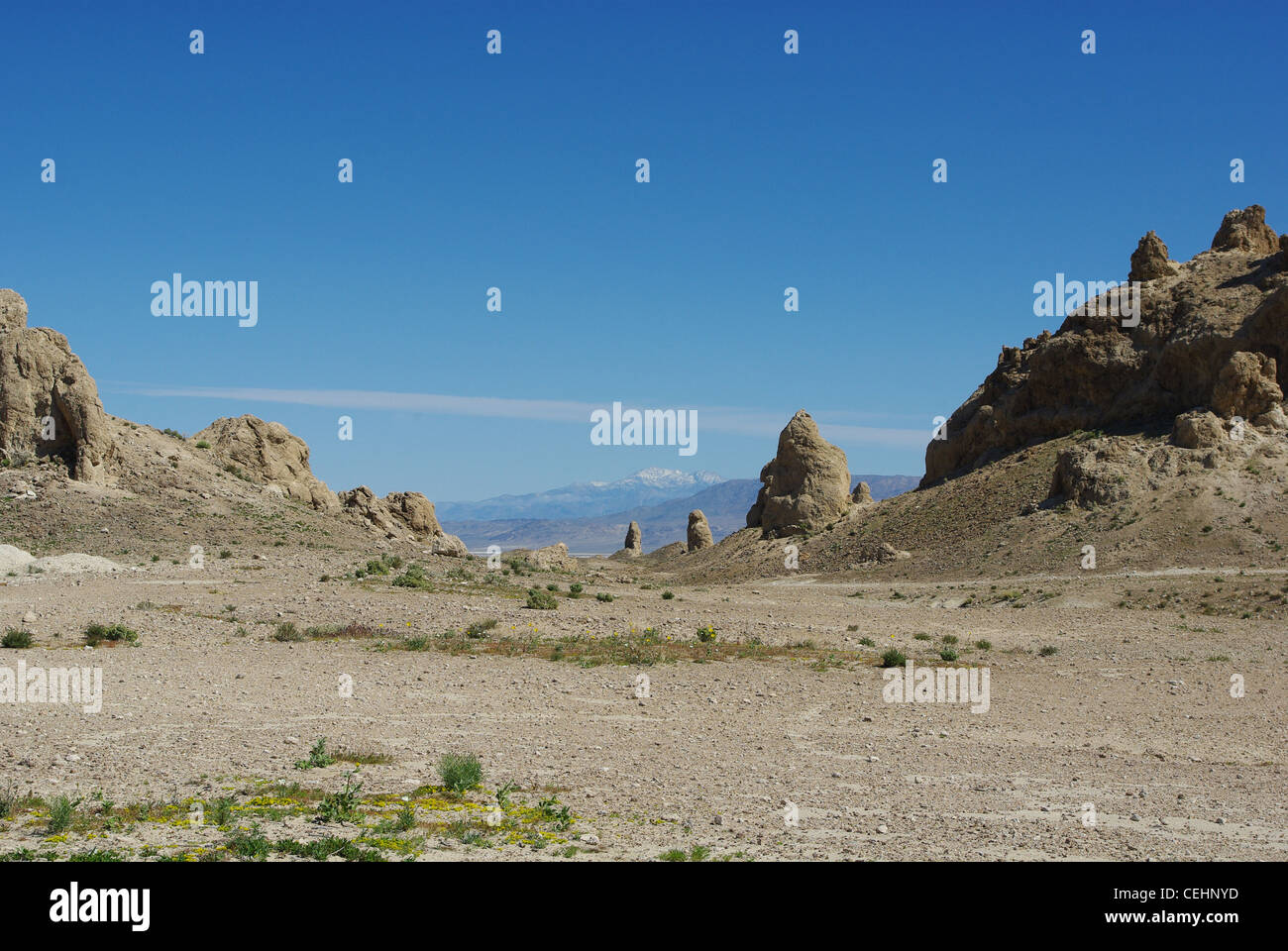 Trona Pinnacles with far view of snowy Panamint Range peaks, California ...