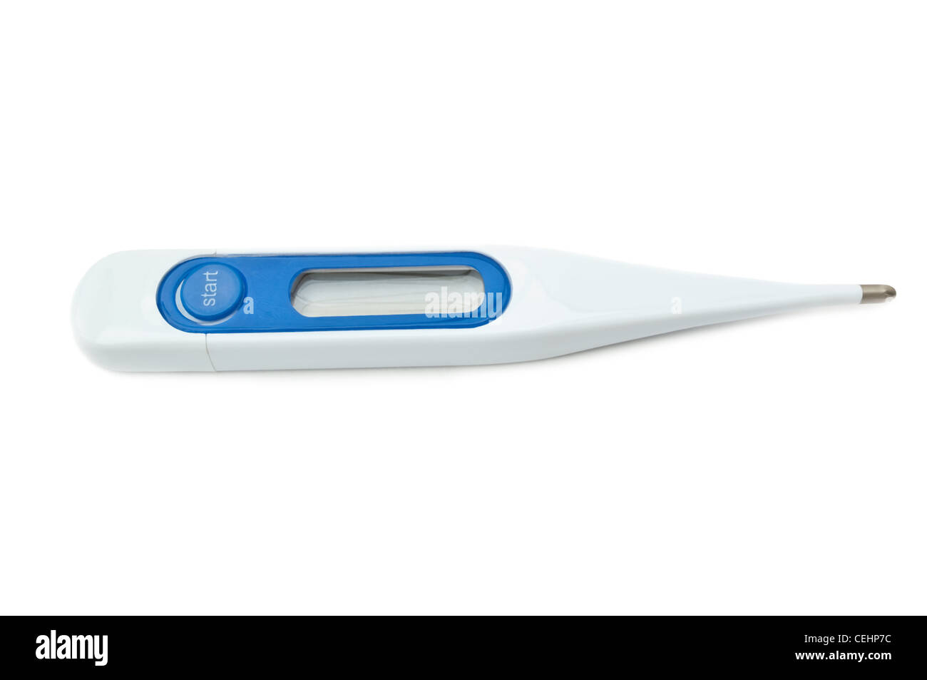 One single white and blue digital thermometer arranged over white with ...