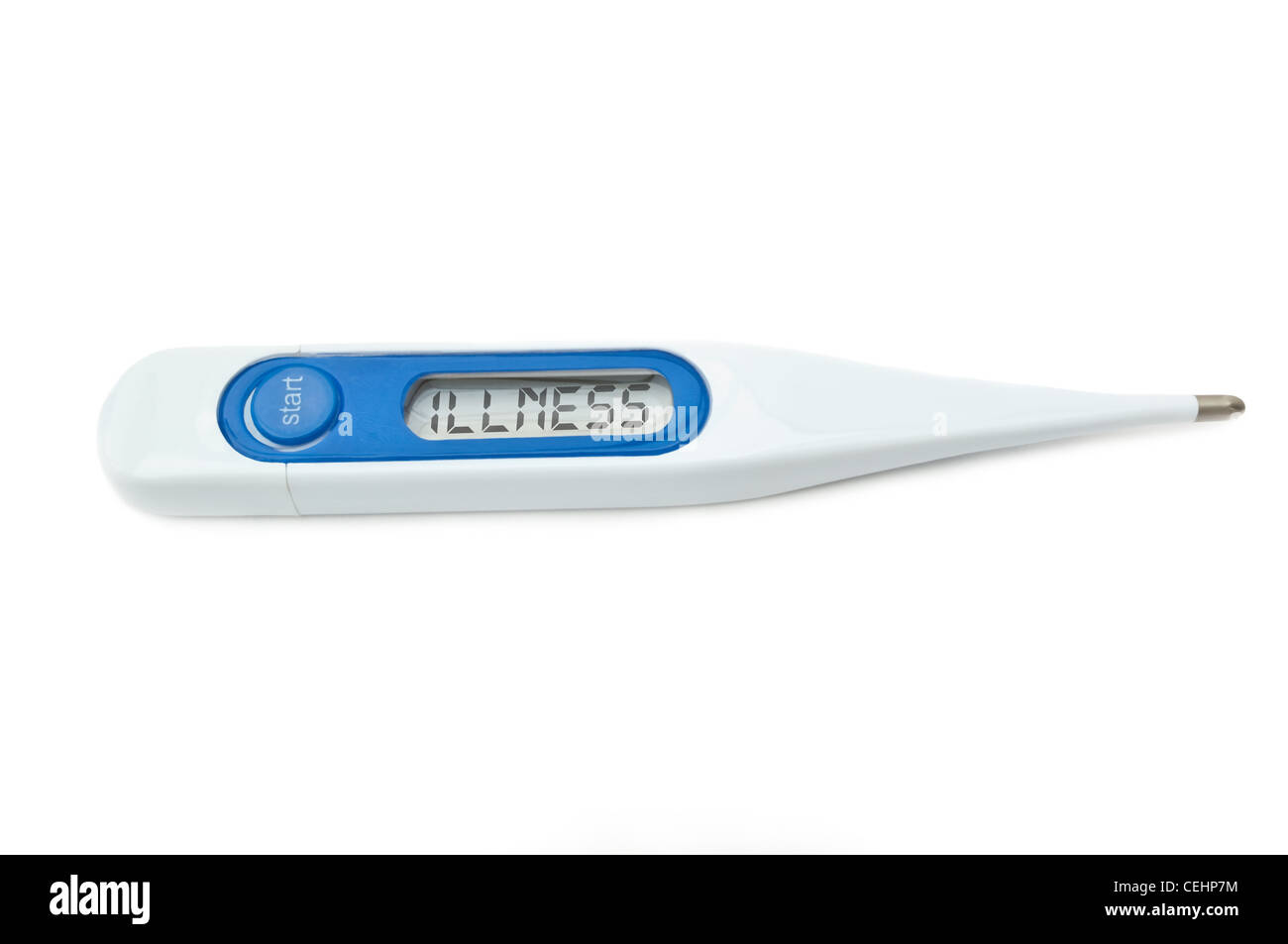 A single white and blue digital thermometer displaying the word ILLNESS ...