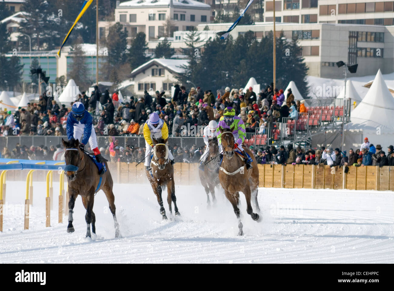 White Turf horse race in front of St Moritz Dorf, Switzerland Stock ...