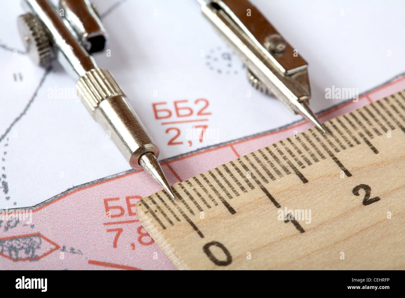 Topographic map of district with measuring instrument and ruler Stock ...