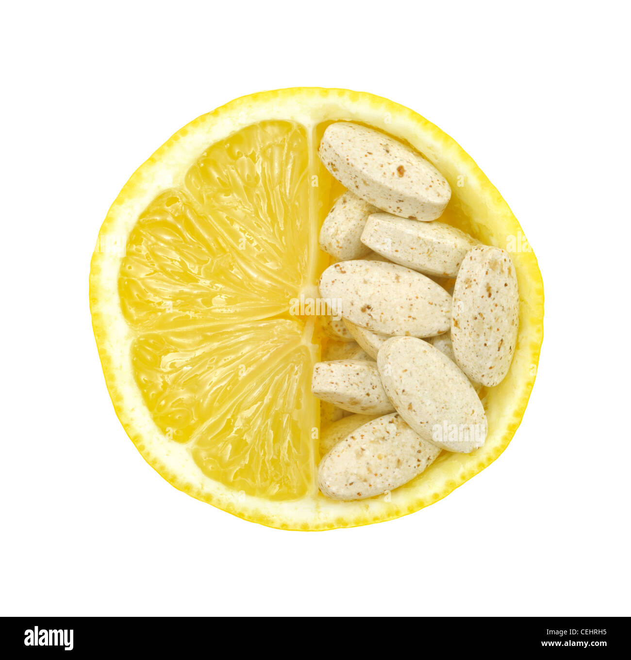 Close up of fresh lemon and pills isolated – vitamin concept - white ...