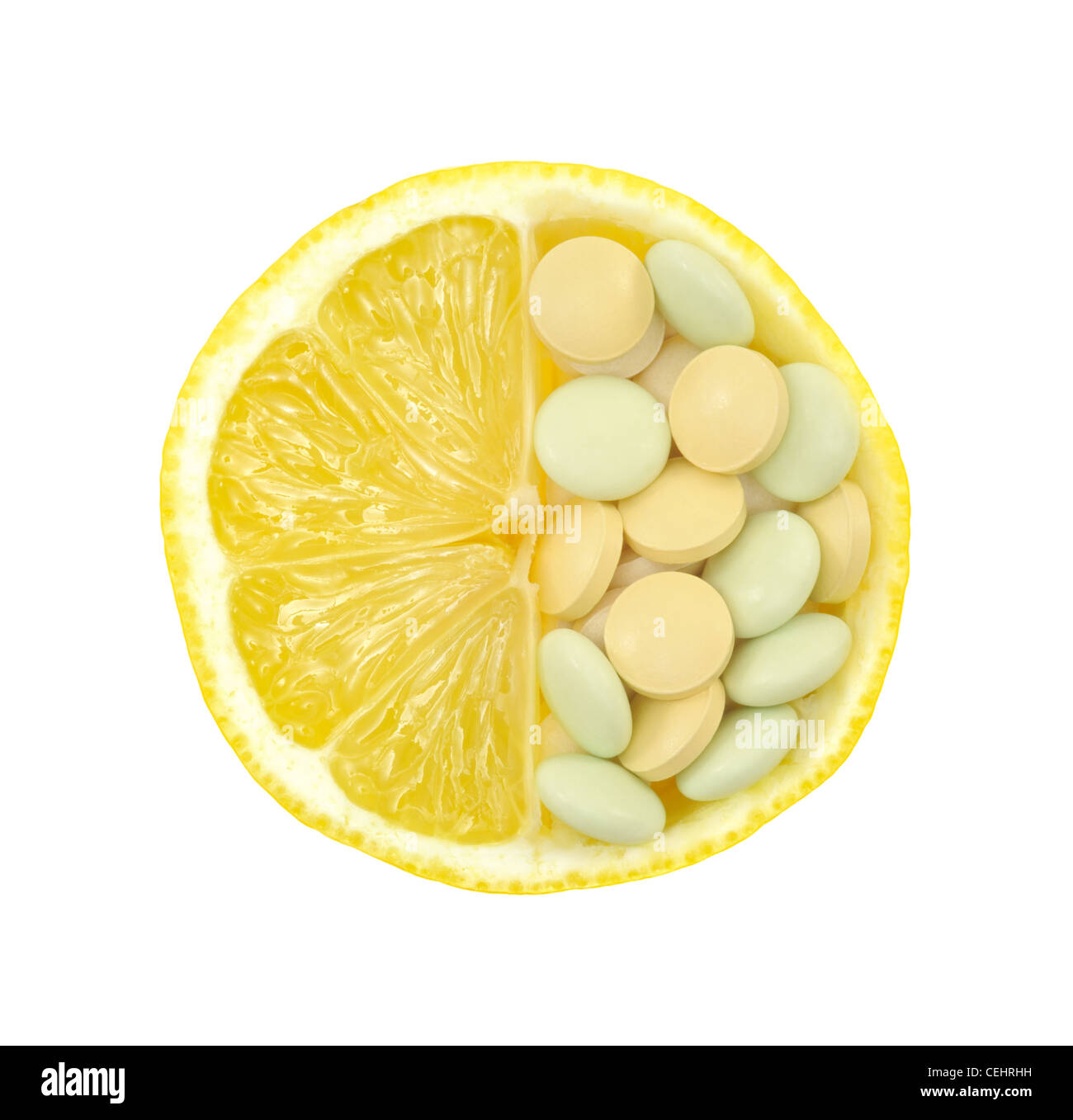 Close up of fresh lemon and pills isolated – vitamin concept - white ...