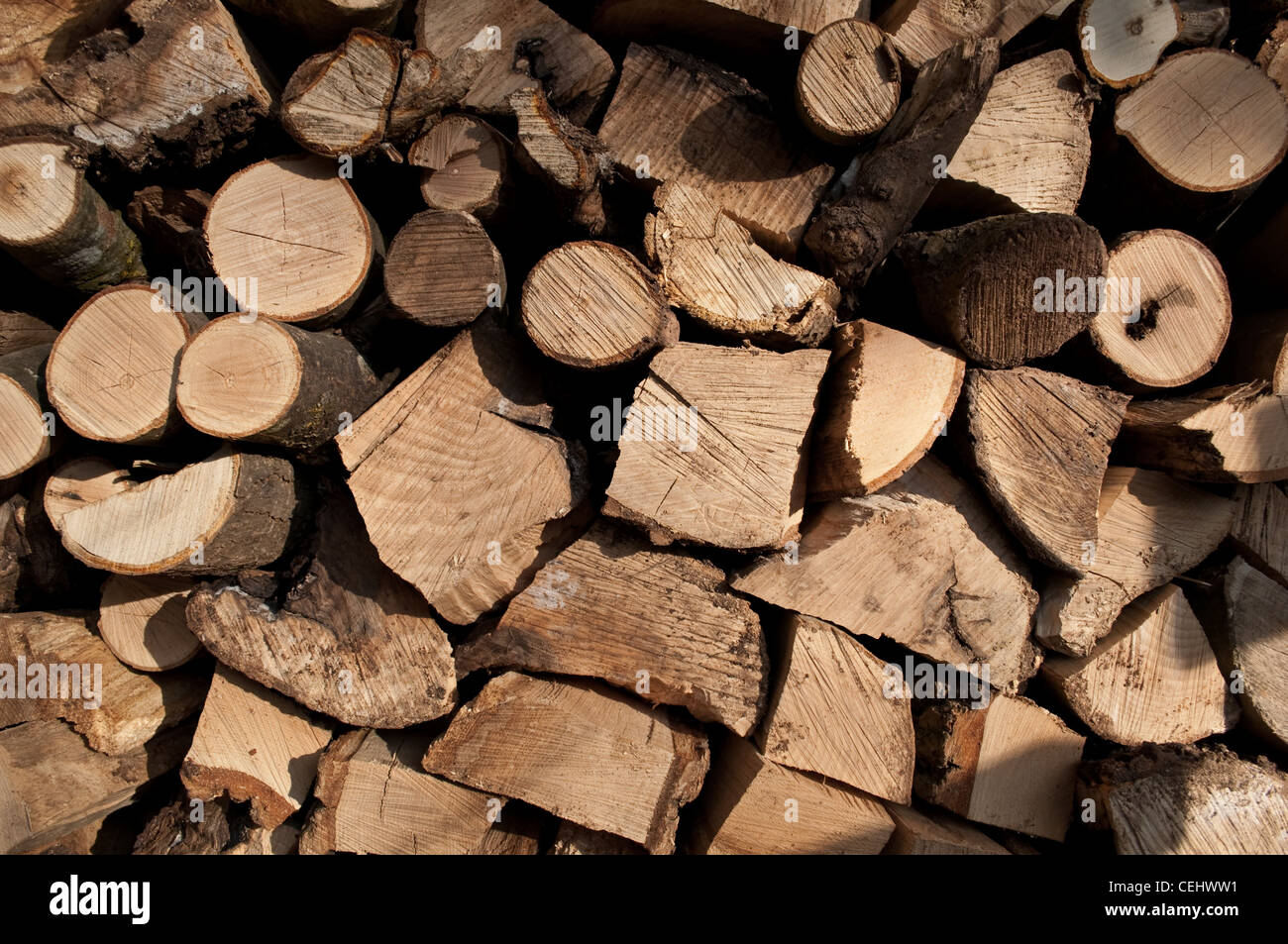 A large collection of stacked, chopped logs outside in full sunlight ...