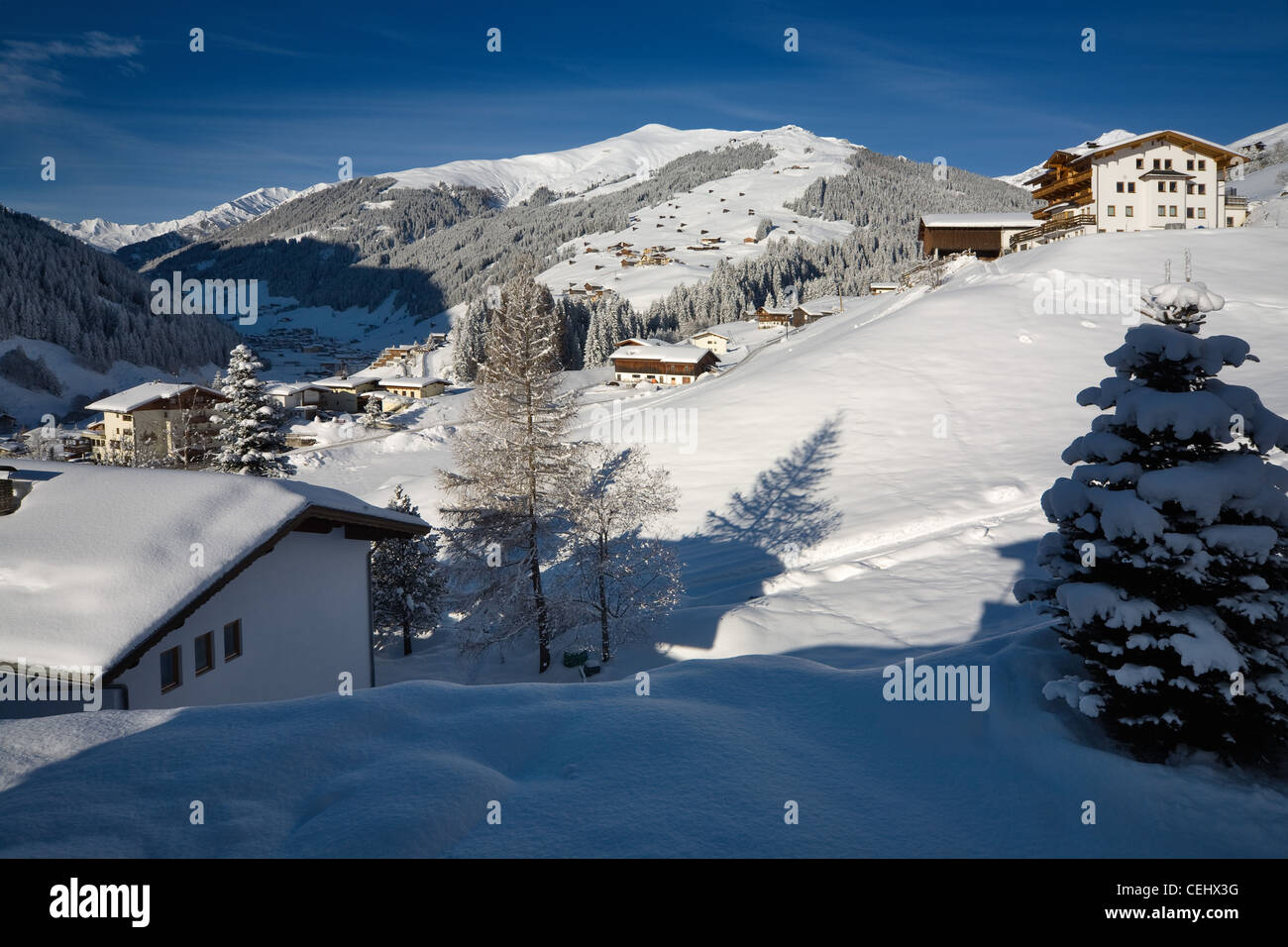 Austrian Alps in winter, Vorderlanersbach, near Tex glacier Stock Photo ...