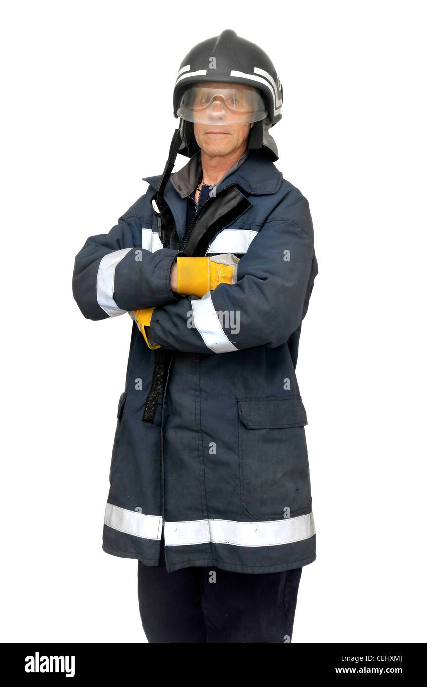 Fireman in uniform isolated in white Stock Photo - Alamy