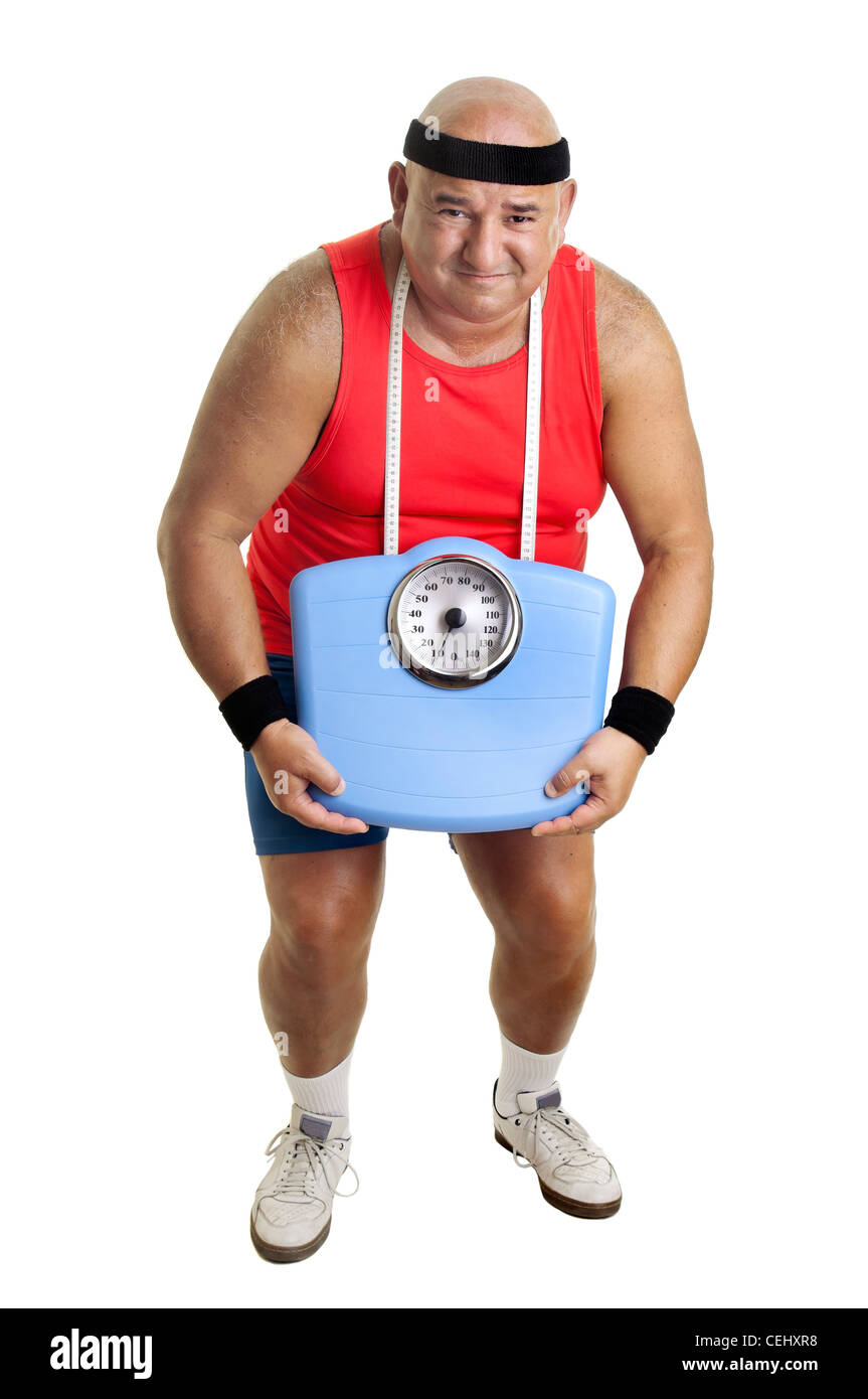 Large fitness man with weight scale isolated in white Stock Photo - Alamy