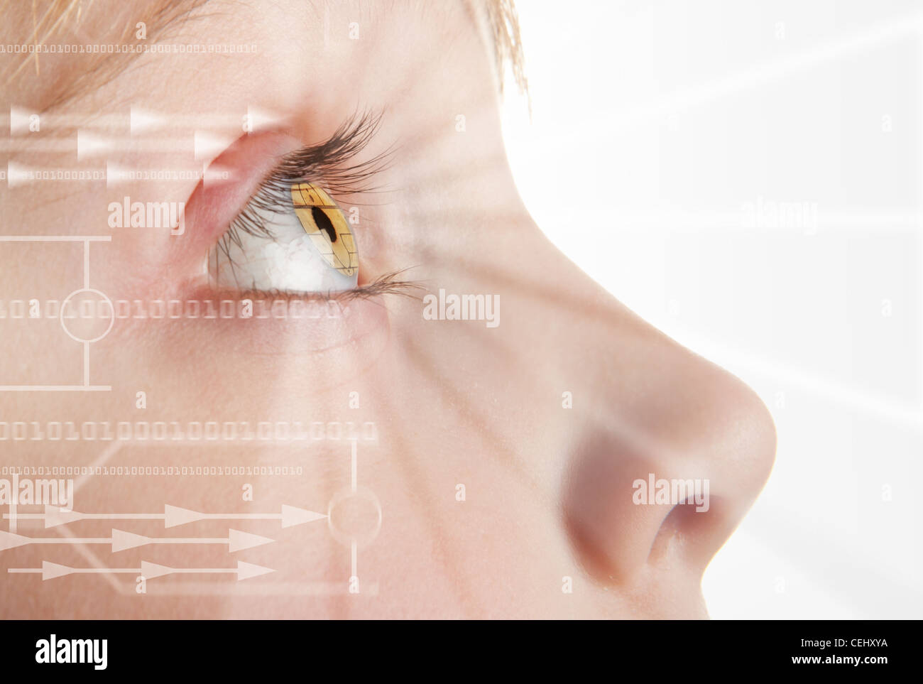 Iris scan, biometric scanning of eye retina for identification. Close ...