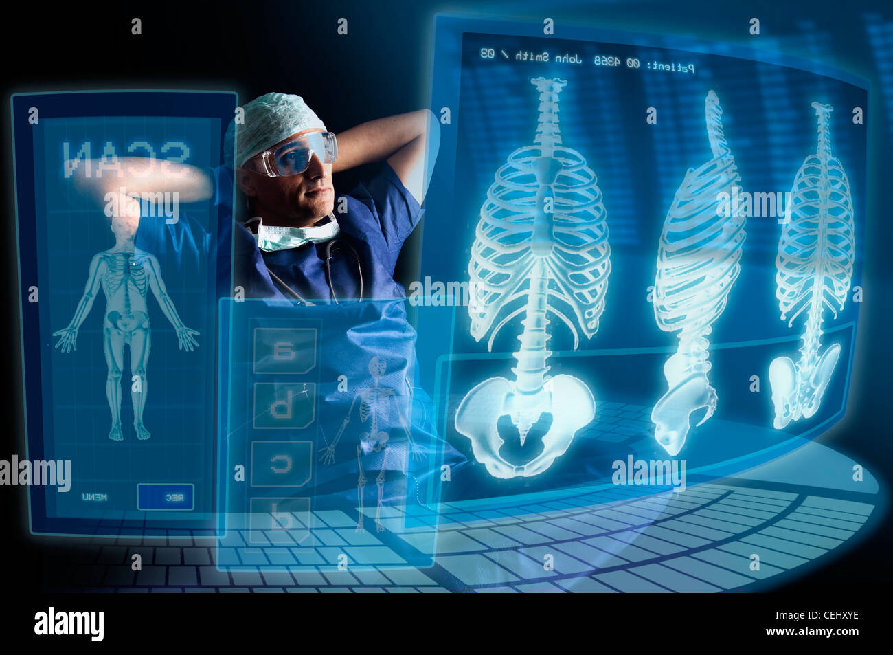 Doctor in uniform with X-rays and digital screens and keyboard Stock ...
