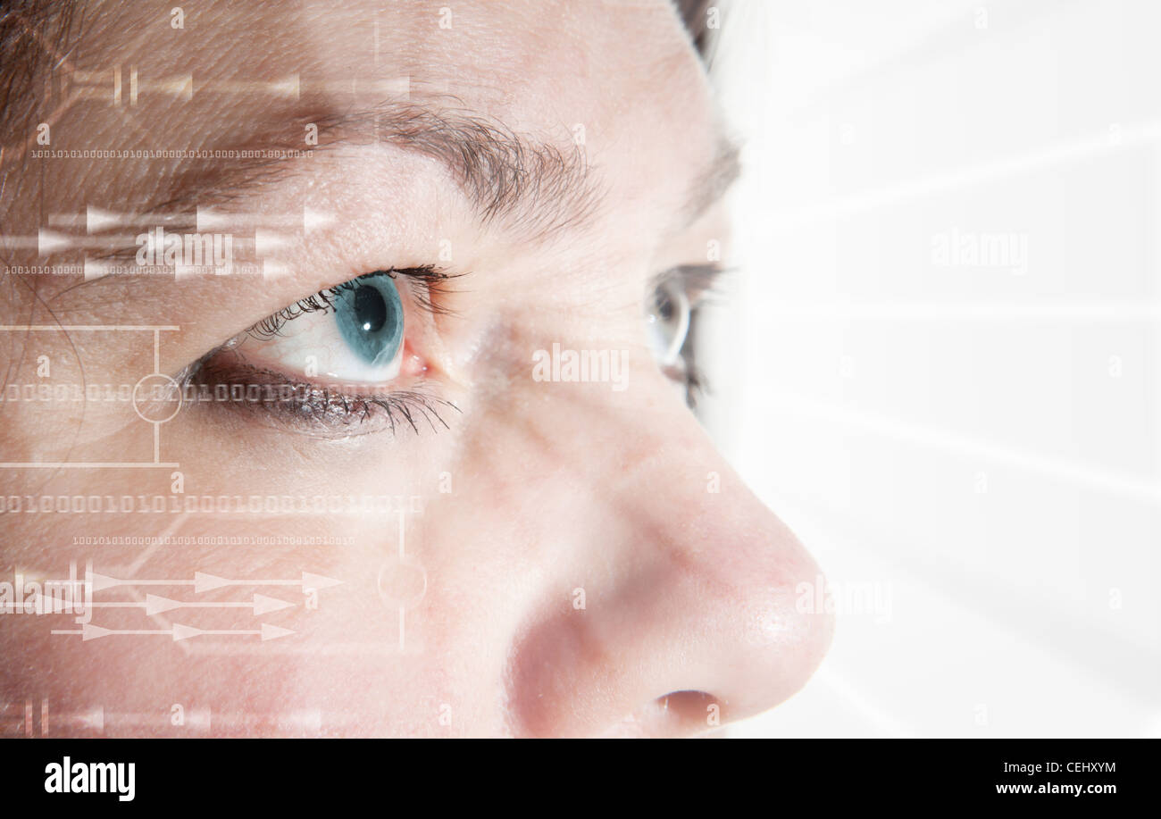 Iris scan, biometric scanning of eye retina for identification. Close ...