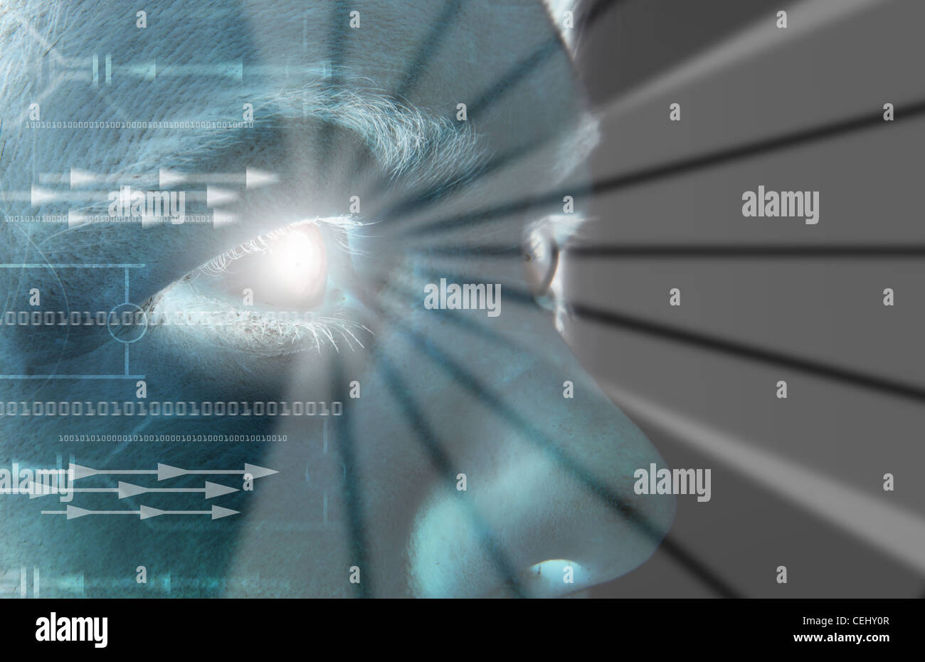 Iris scan, biometric scanning of eye retina for identification. Close ...