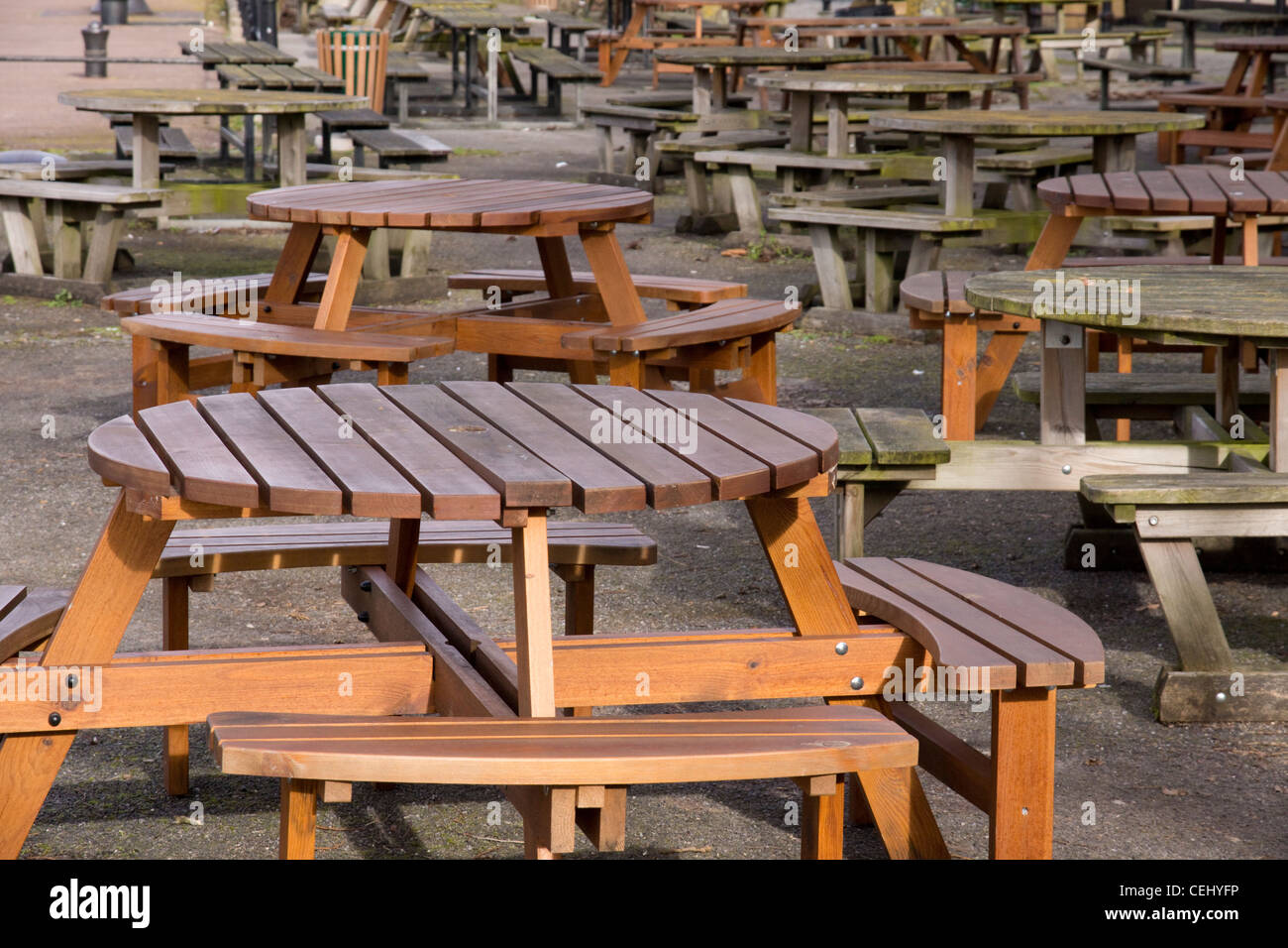 Empty Wooden pub tables Stock Photo - Alamy