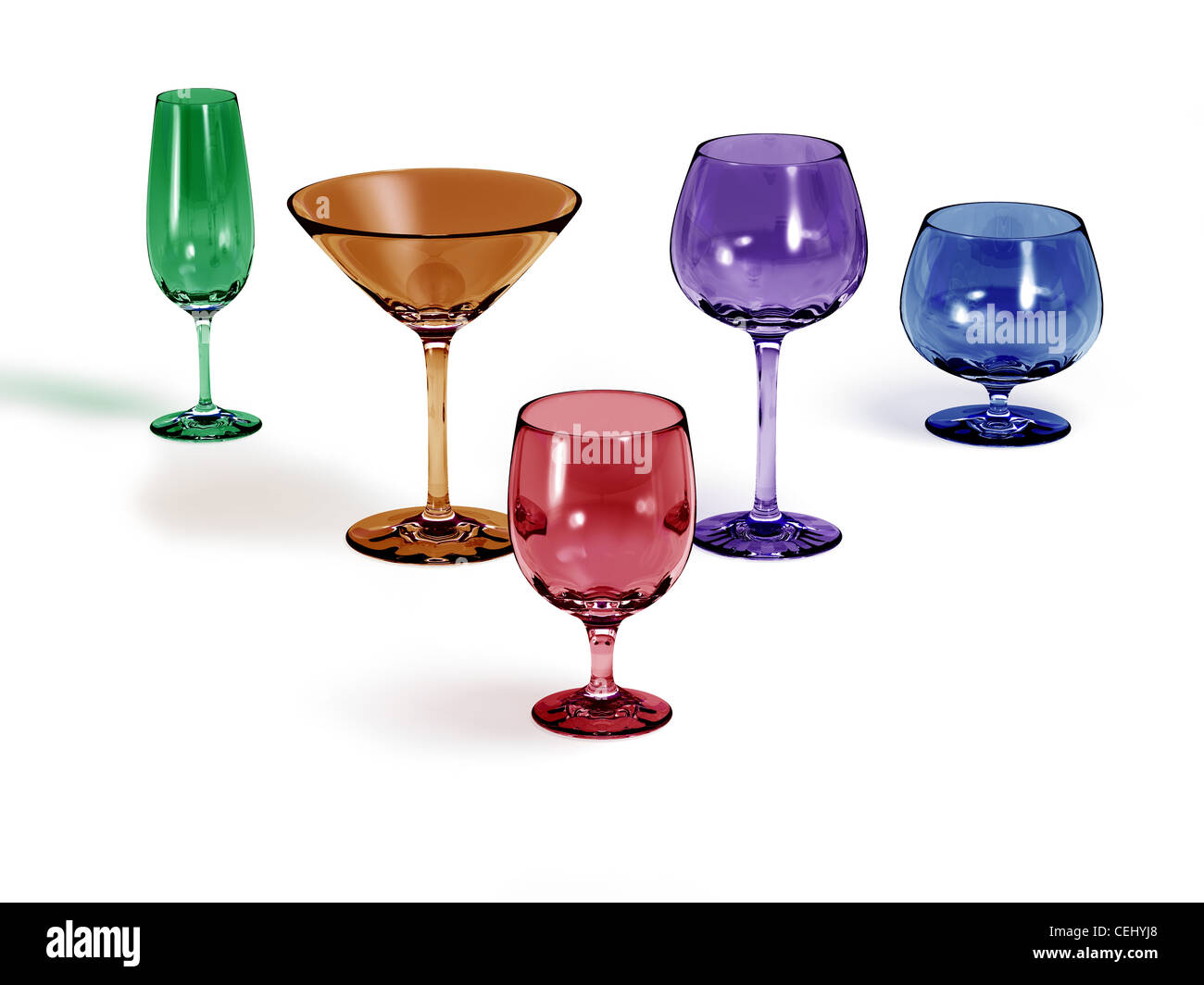Five different colored glasses on a white background Stock Photo - Alamy