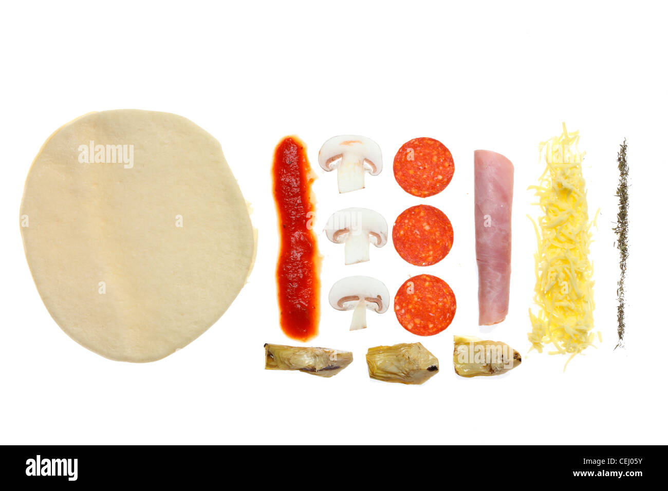 Compilation of the ingredients of a typical Italian pizza. Pizza dough ...