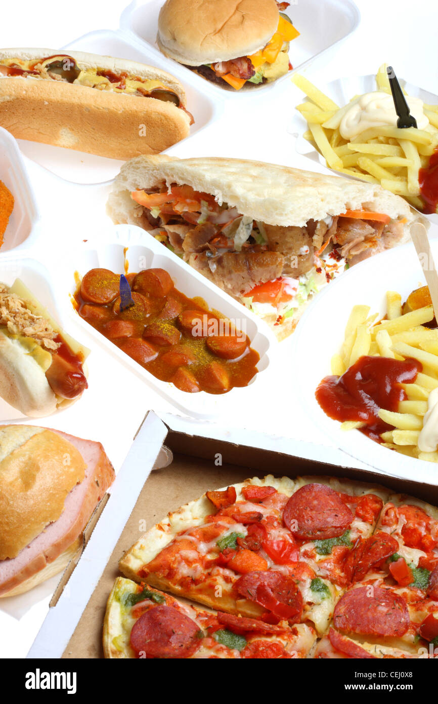 Nutrition. Compilation, composing different fast food dishes. Hot dog ...