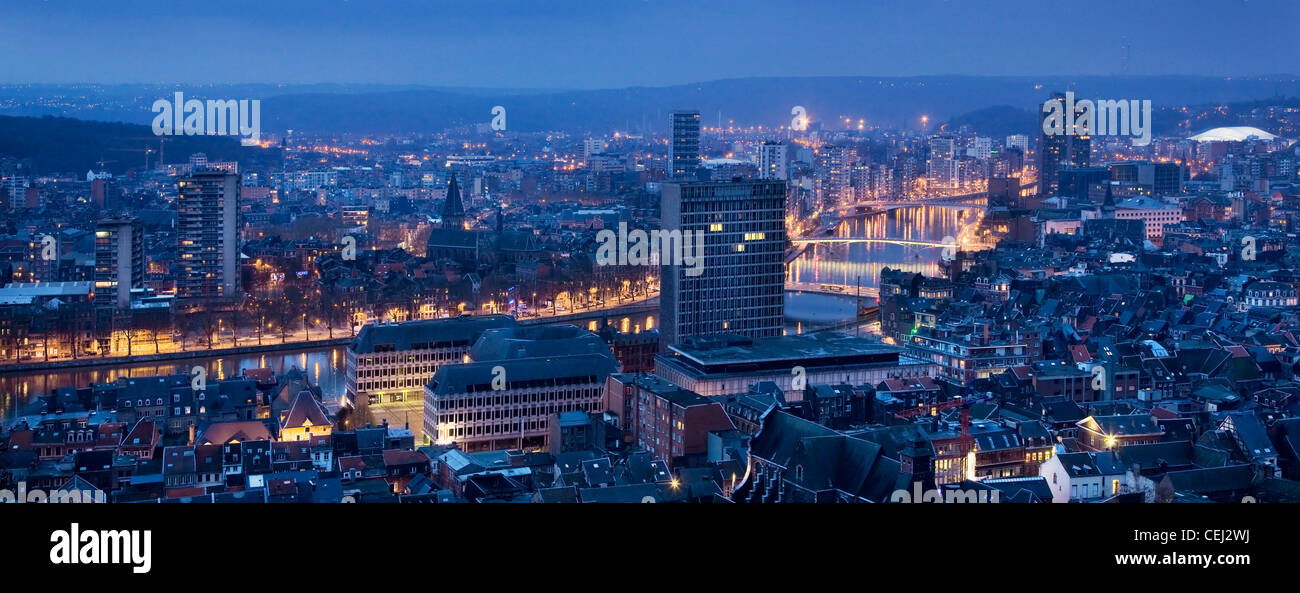 View over the city Liege and the river Meuse at dusk, Belgium Stock ...