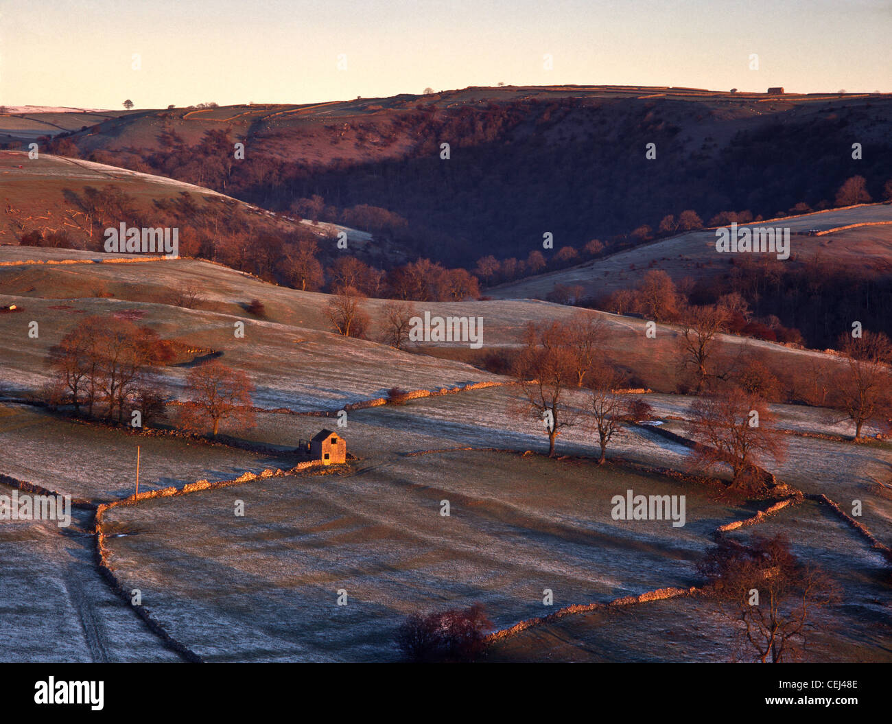 Winter dawn near Throwley, Manifold Valley, Peak District National Park ...