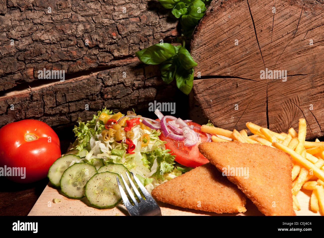 Czech fried cheese with fries and salad (lettuce, cucumber, onion and ...
