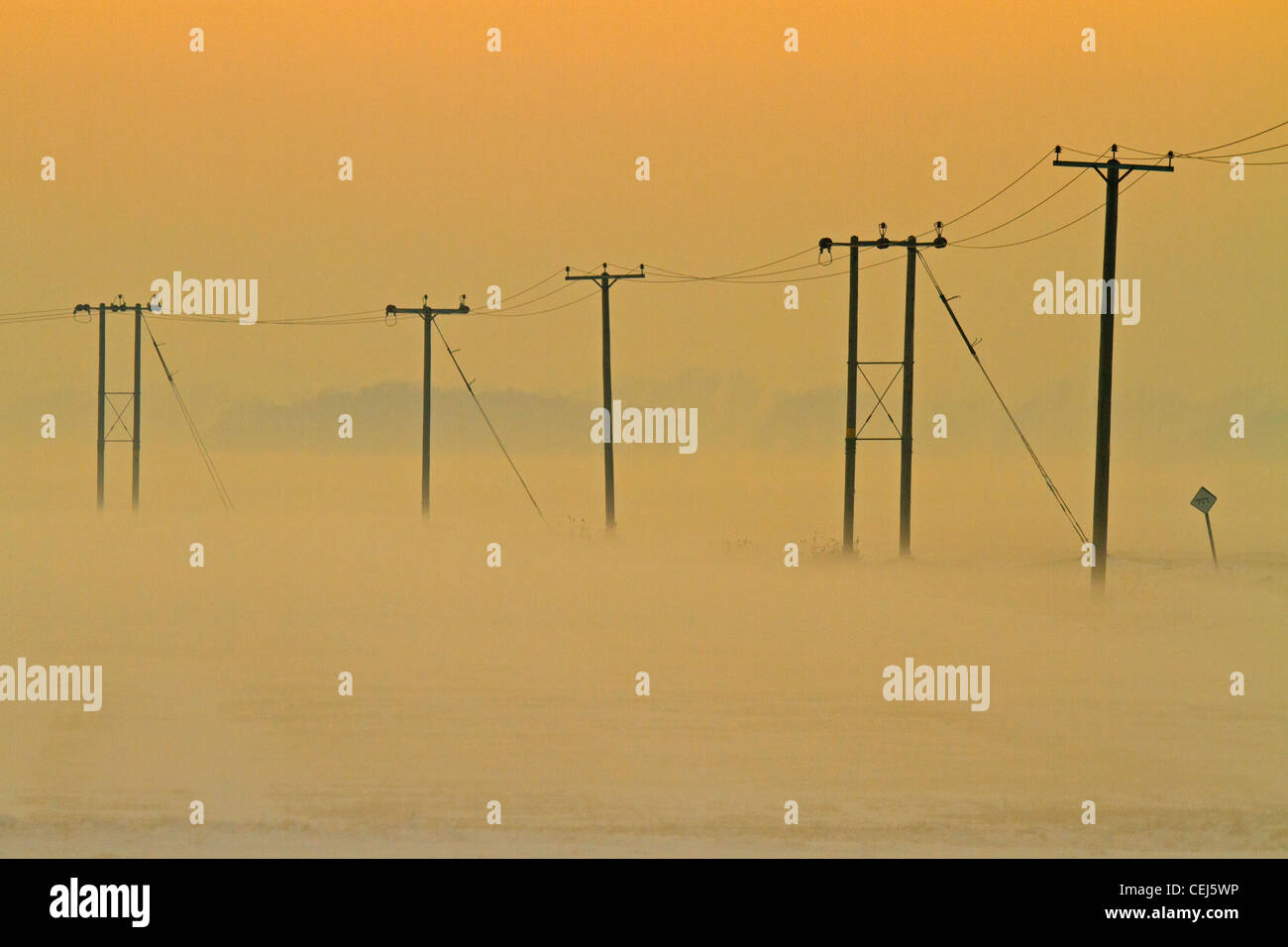 Line of telegraph poles at dusk with mist and snow Stock Photo - Alamy