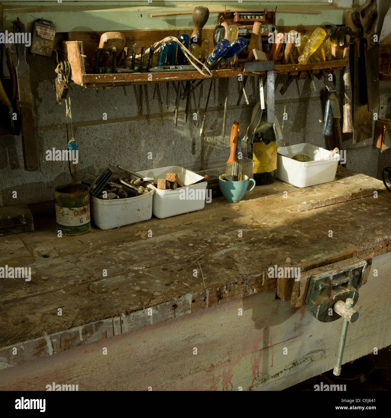 woodwork tools lined up on bench top Stock Photo - Alamy