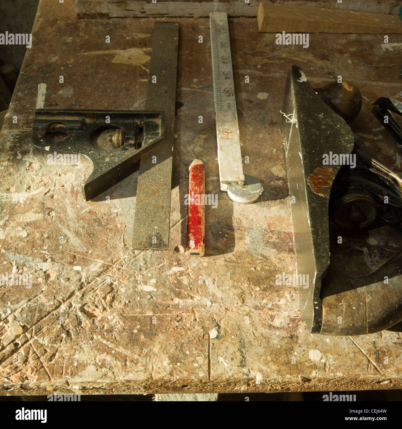 woodwork tools lined up on bench top Stock Photo - Alamy