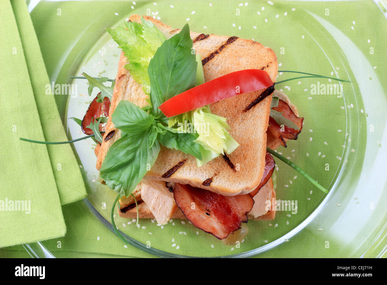 Grilled turkey and bacon sandwich - overhead Stock Photo - Alamy
