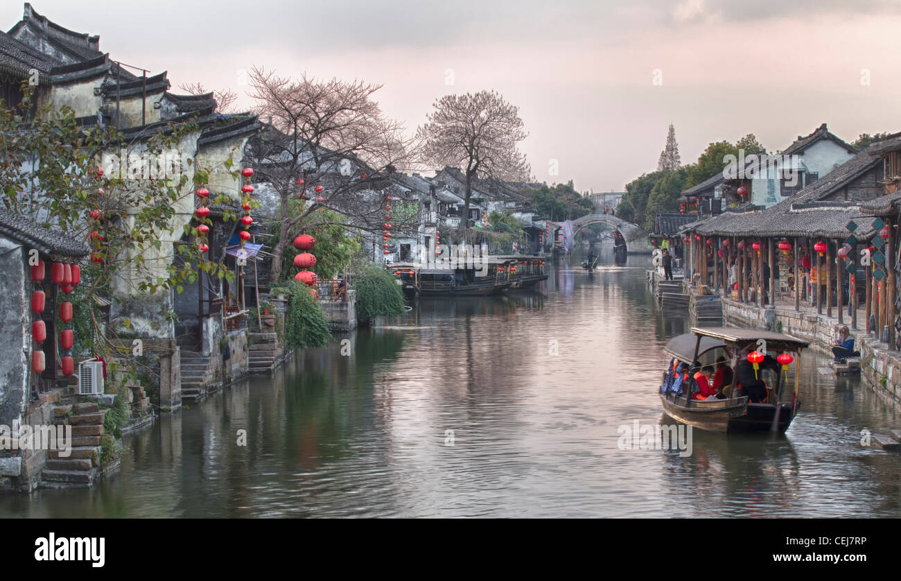 The dusk at the waterway town of Xitang, Jiashan, Zhejiang, China ...