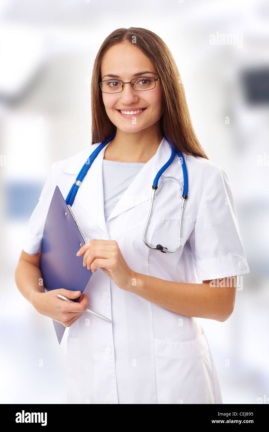 Creative photo of confident female doctor with stethoscope and ...