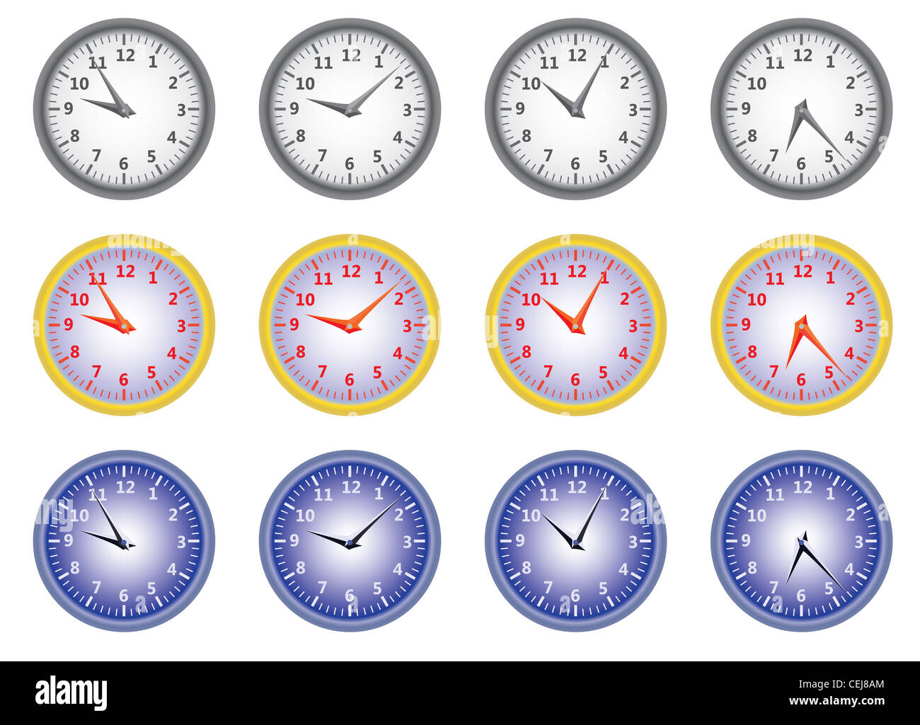 set of office clocks illustration Stock Photo - Alamy