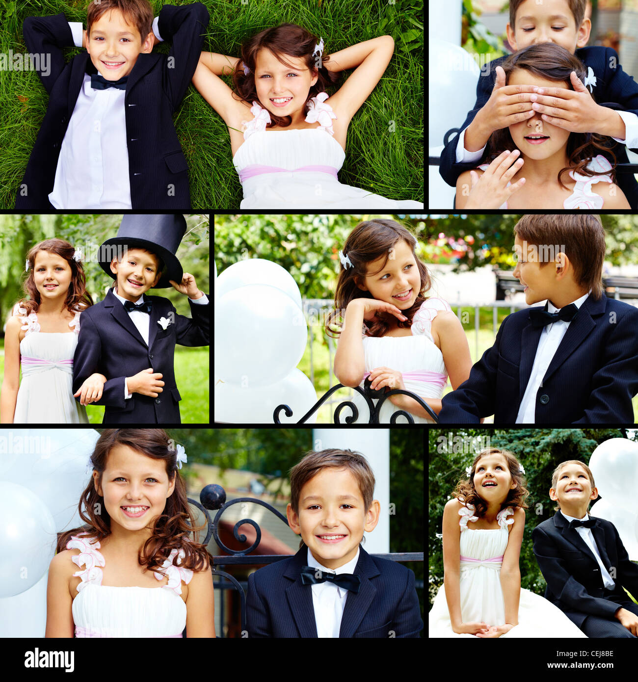 Smartly dressed little bride and groom spending time together outside ...