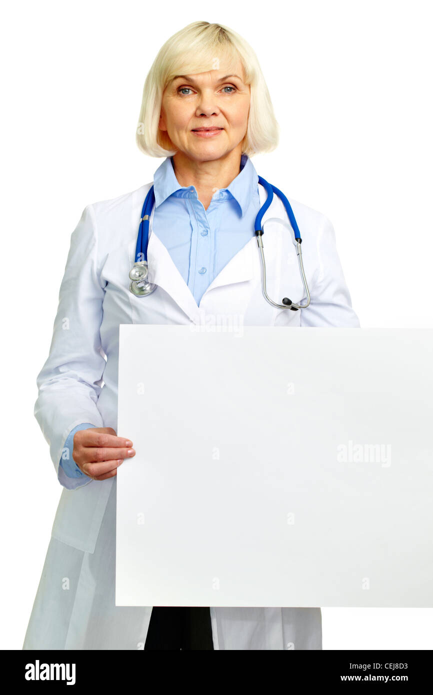 Vertical shot of a lady doctor holding an advertising poster Stock ...
