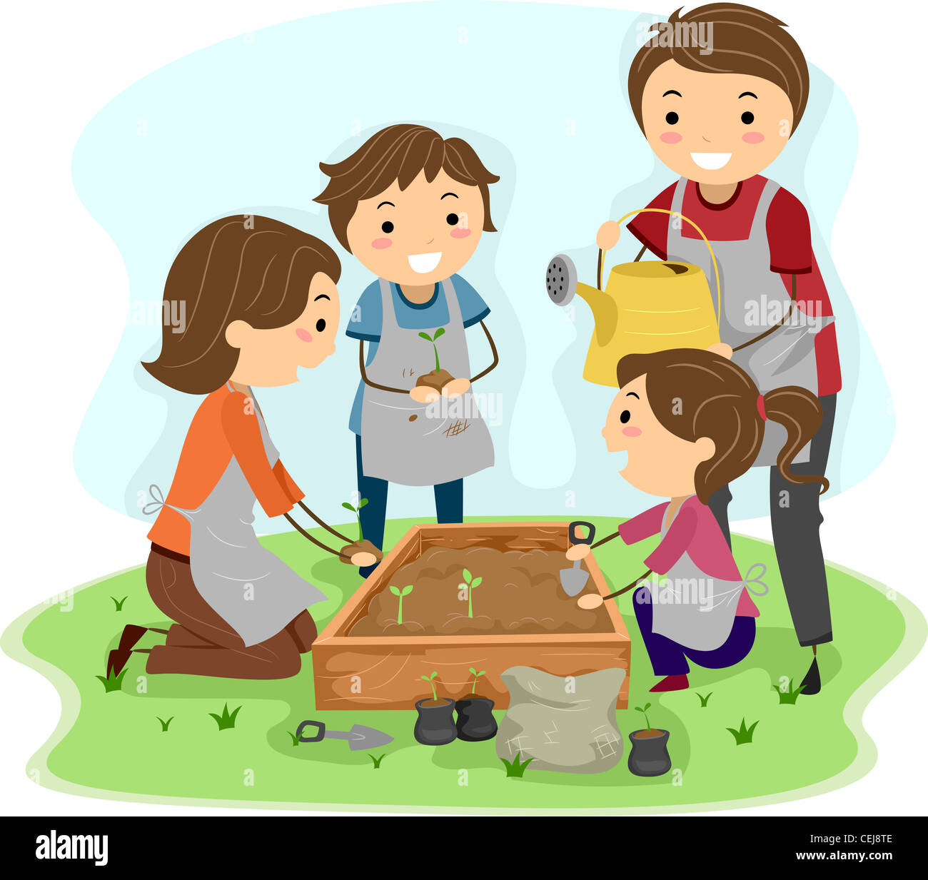Illustration of a Family Planting Plants Together Stock Photo - Alamy