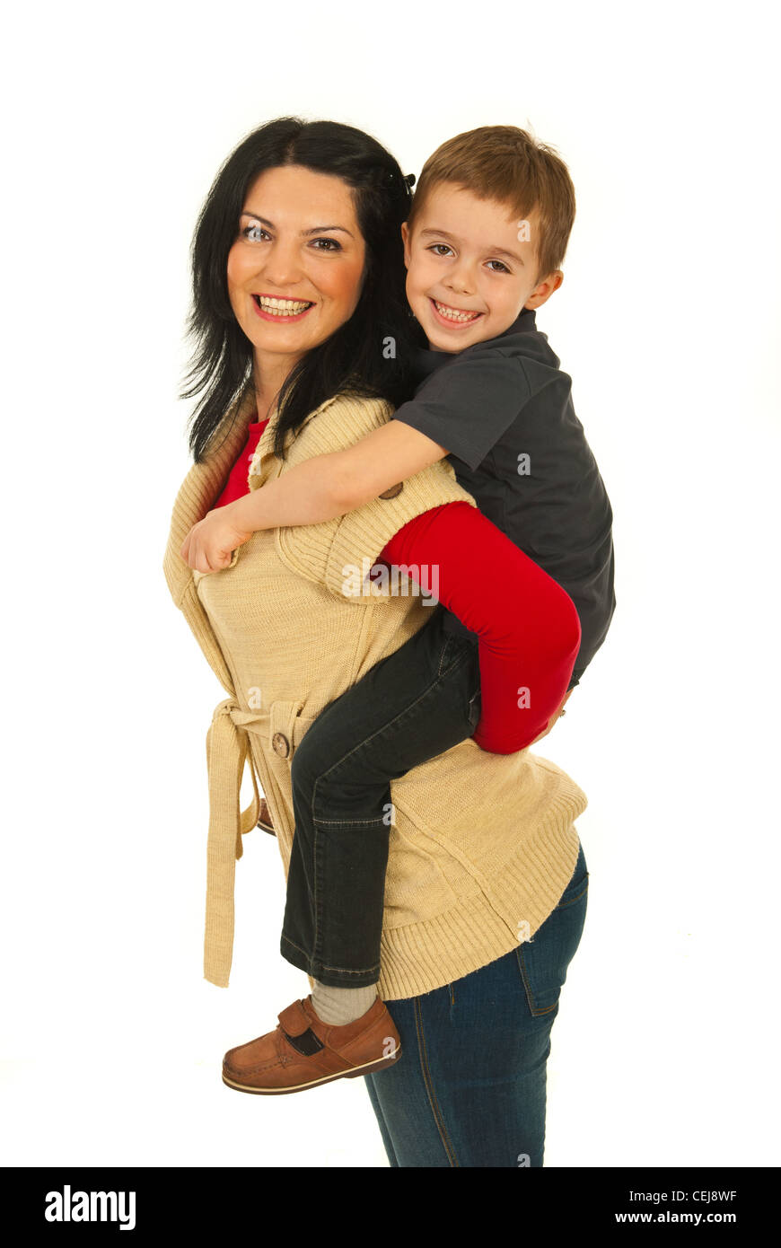 Mother giving piggyback ride to her son and both laughing isolated on ...
