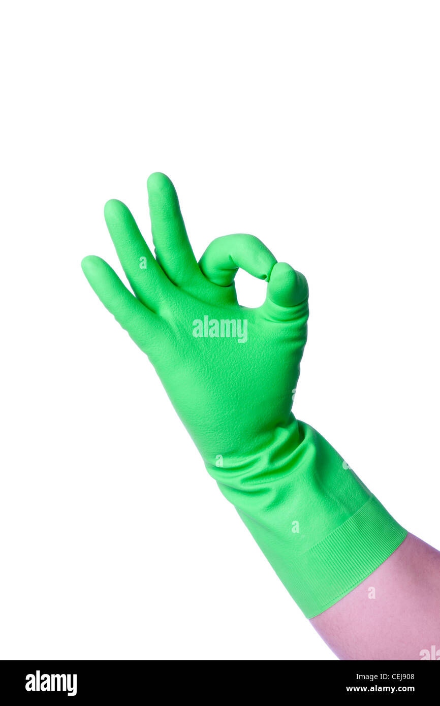 Hand wearing green rubber glove shows thumb up sign, isolated over ...