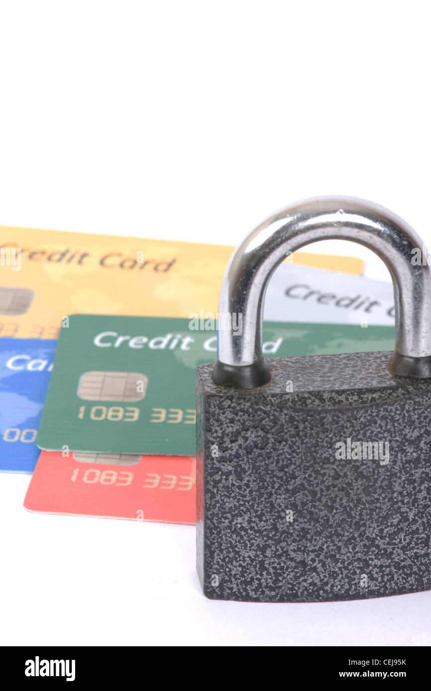 Credit cards and lock, business security background Stock Photo - Alamy