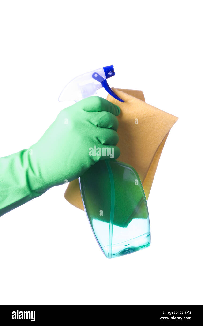 Hand with green glove holding cleaning product; isolated on white Stock ...