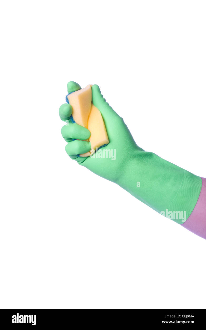 Hand with green glove holding cleaning product; isolated on white Stock ...