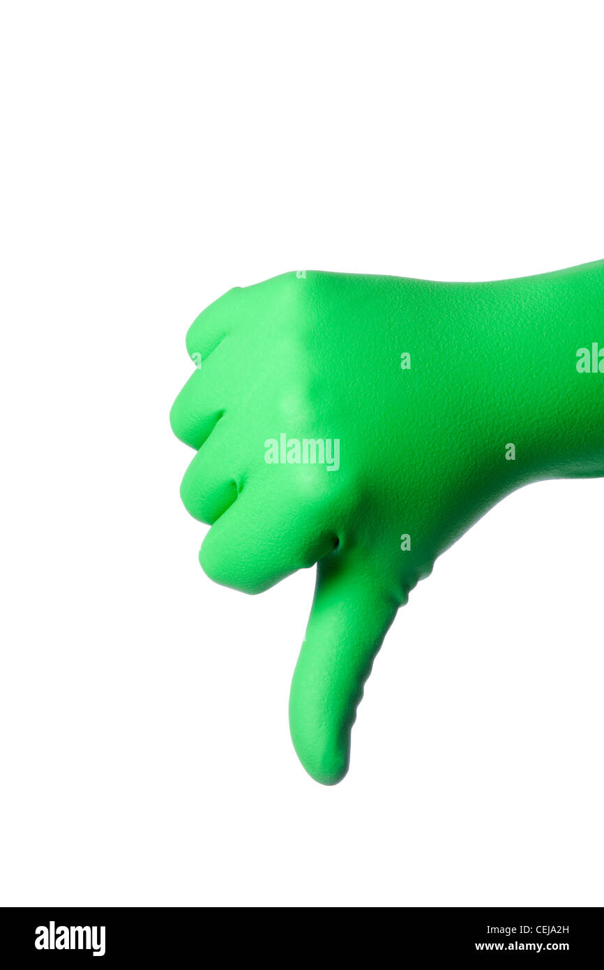 Hand wearing green rubber glove shows thumb up sign, isolated over ...