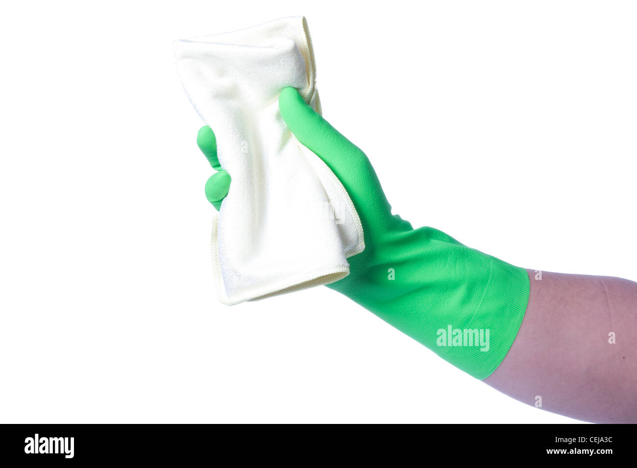 Hand with green glove holding cleaning product; isolated on white Stock ...