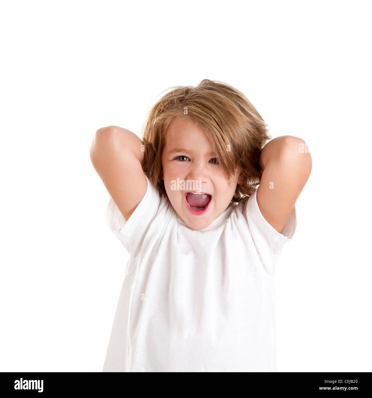 children kid screaming expression on white background Stock Photo - Alamy