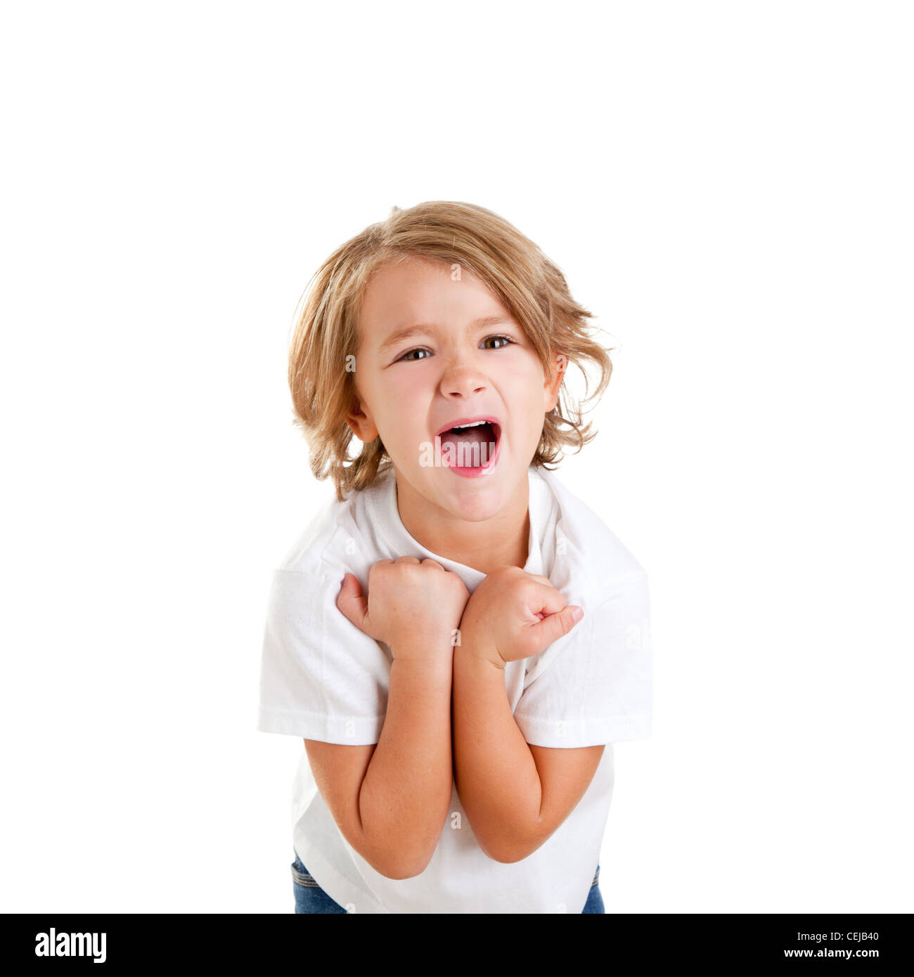 children kid screaming with happy expression hand up isolated on white ...