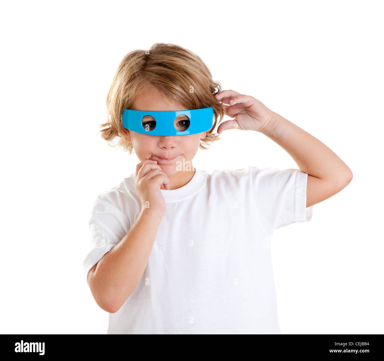 children kid with futuristic funny blue glasses happy on white ...