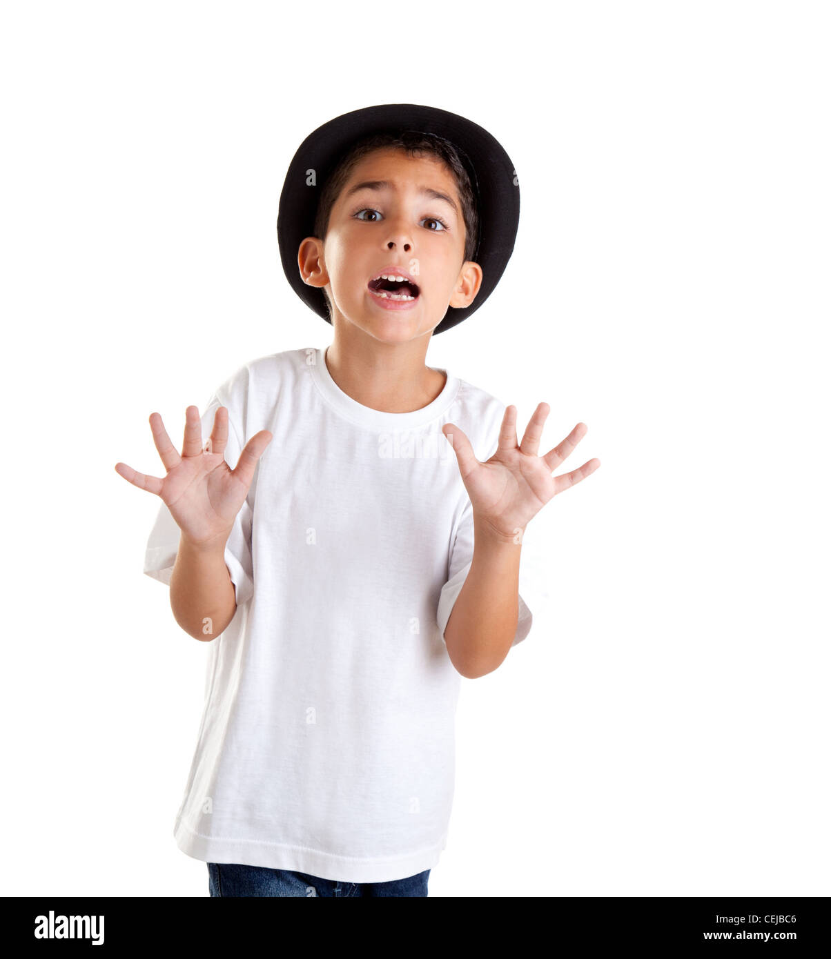 boy gesture with black hat isolated on white background Stock Photo - Alamy