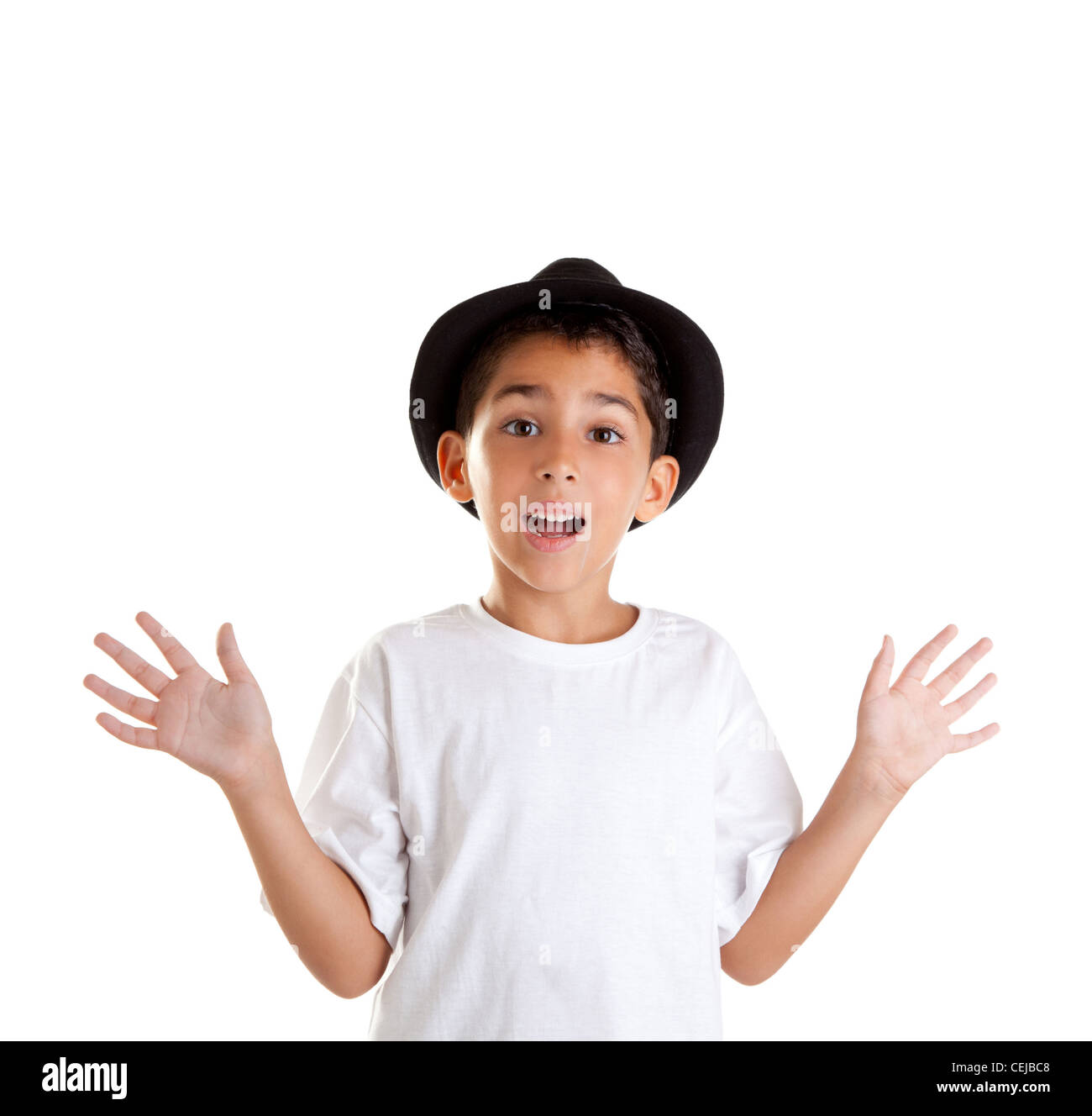 boy gesture with black hat isolated on white background Stock Photo - Alamy