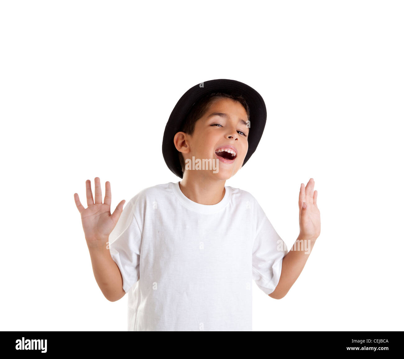 boy gesture with black hat isolated on white background Stock Photo - Alamy