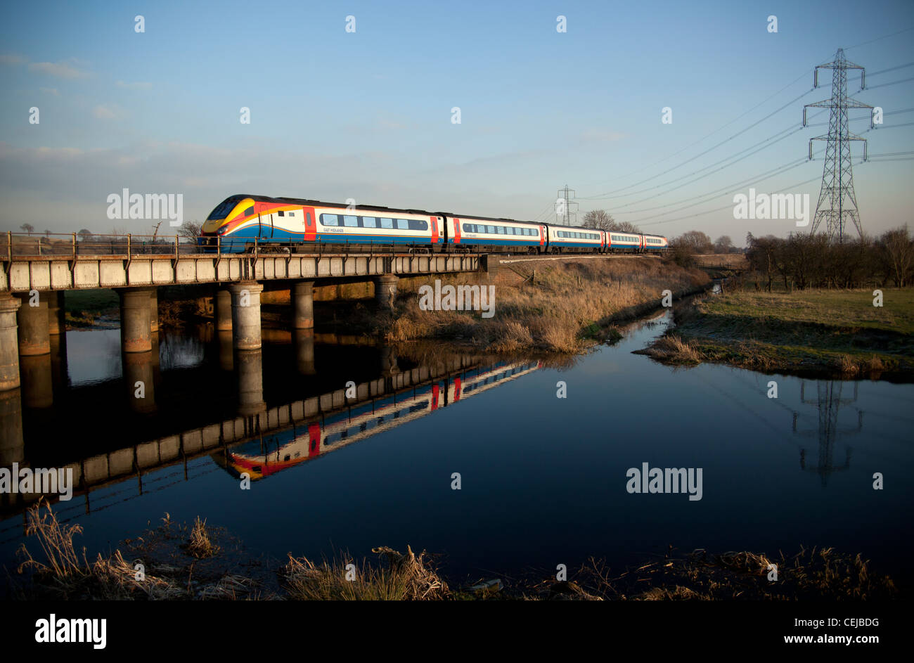 East Midlands Trains class 222 Meridian DMU passenger train reflecting ...