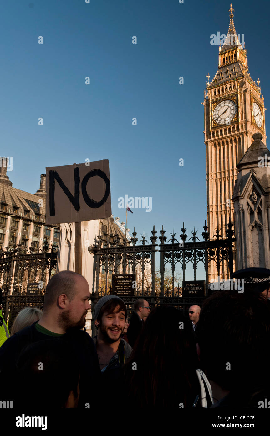 Protester with "NO" placard outside Houses of Parliament on the NUS ...