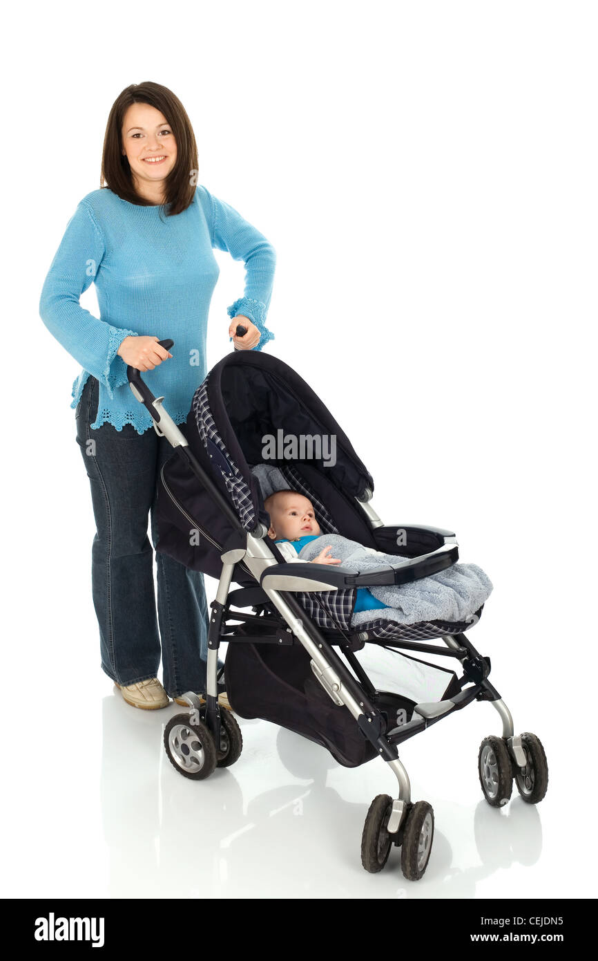 Mother take a walk with baby in pram, Isolated on white background ...