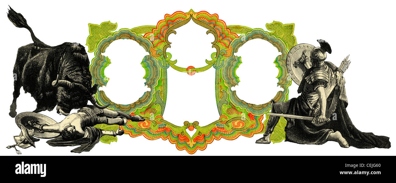 Luxurious Victorian frame with gladiator and bull Stock Photo - Alamy